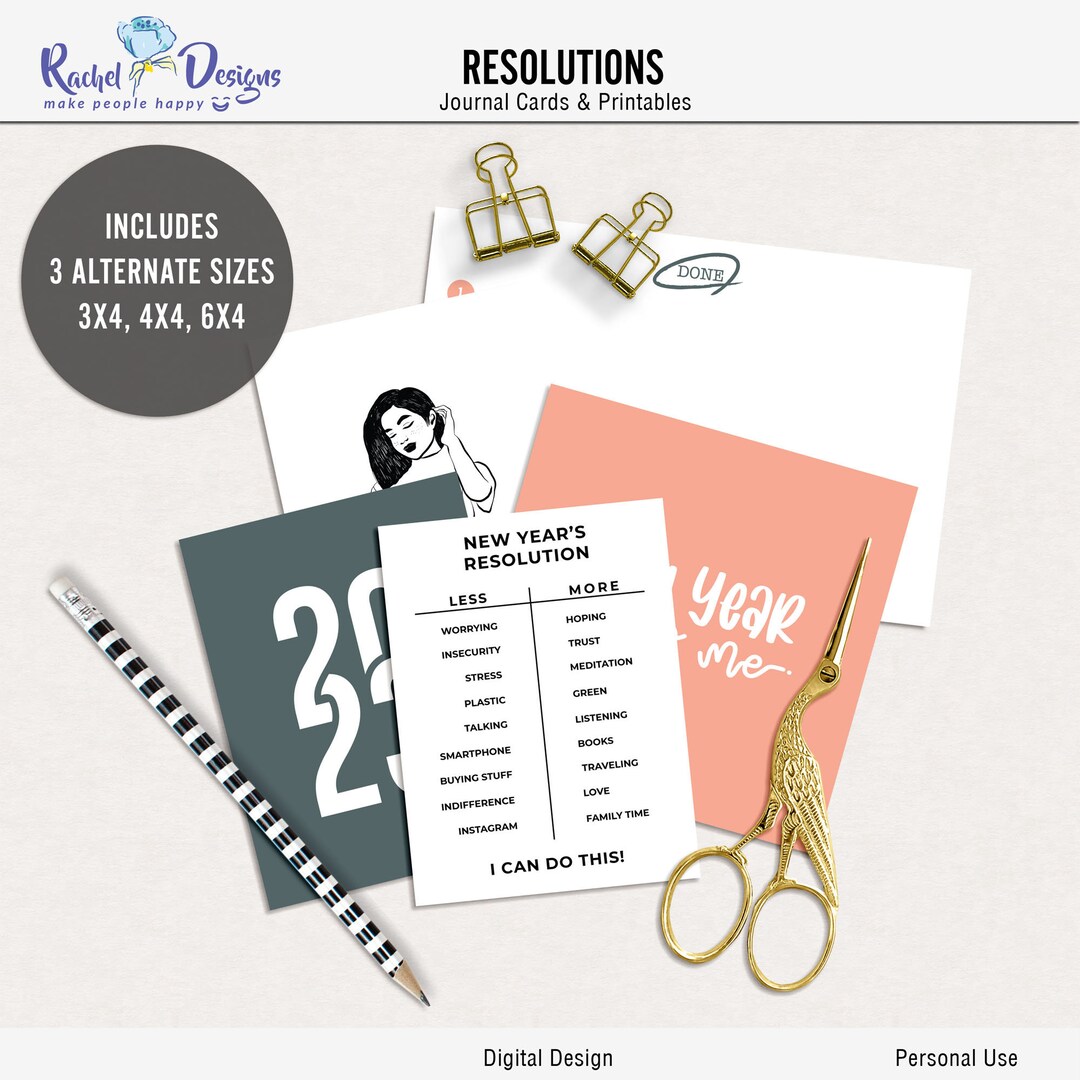 Resolutions Printable Journal Cards, Digital New Year Pocket Cards ...