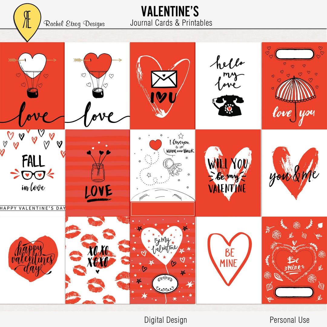 Valentine's Day Journal Cards, V Day Digital Journal Cards, Valentine's ...