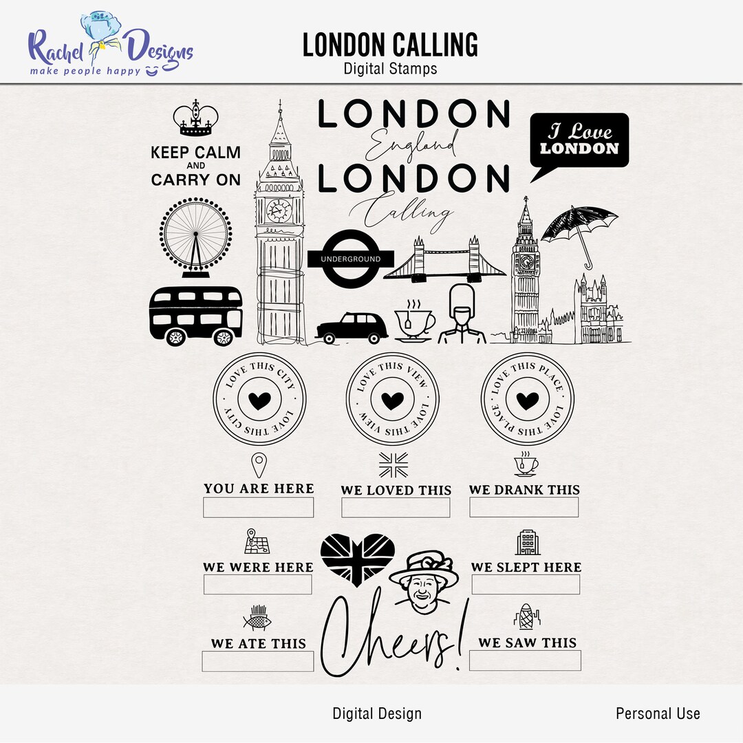 London Calling Digital Stamps and Brushes, Digital London Craft Stamps ...