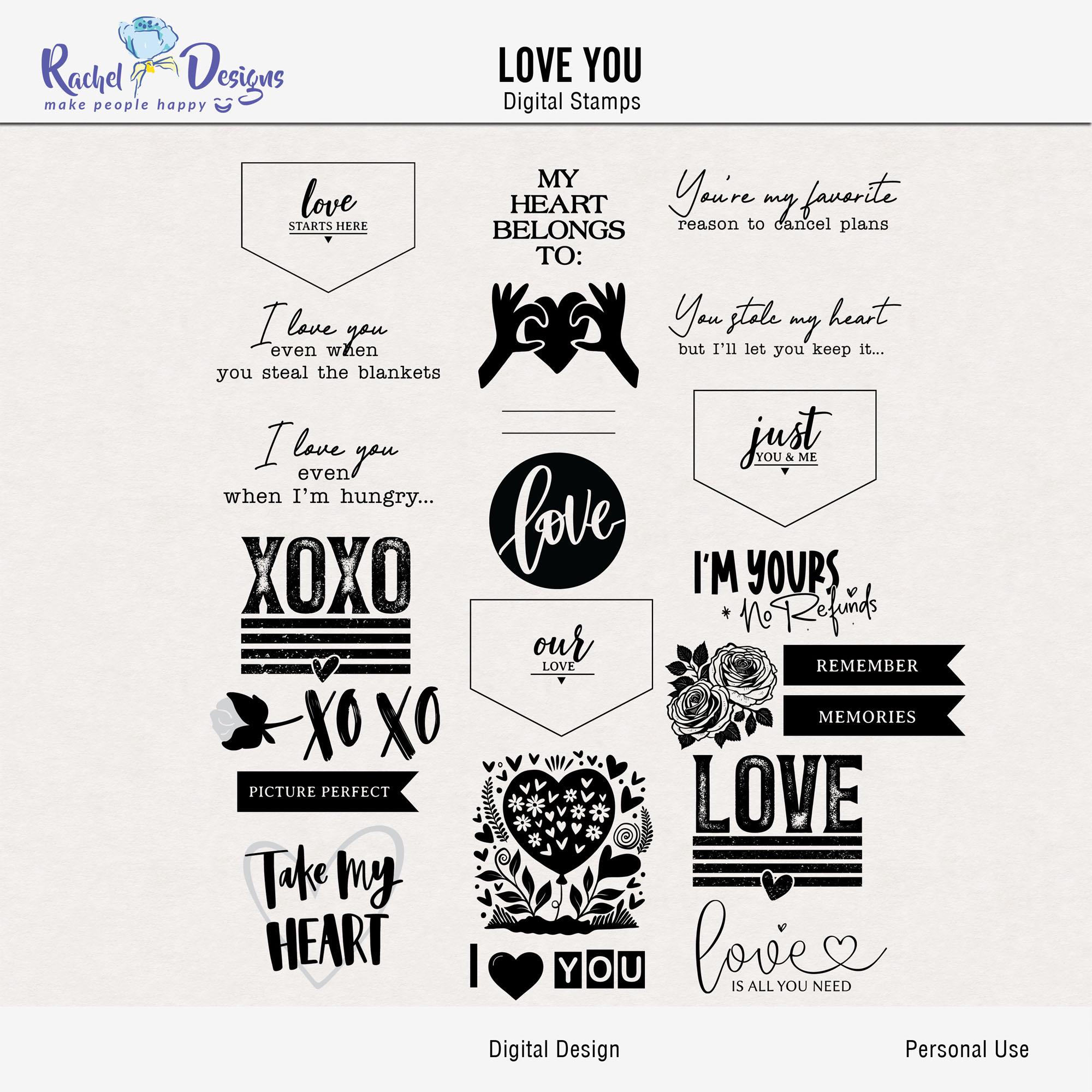 Love You Digital Stamps and Brushes, Digital Valentine's Craft Stamps ...