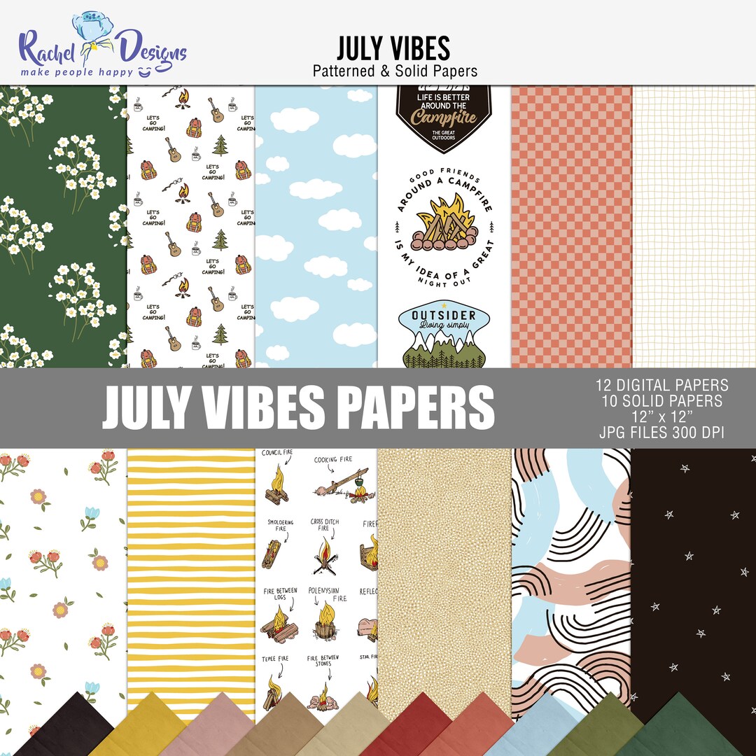 July Vibes Digital Paper Pack, Camping Digital Craft Papers, Digital ...