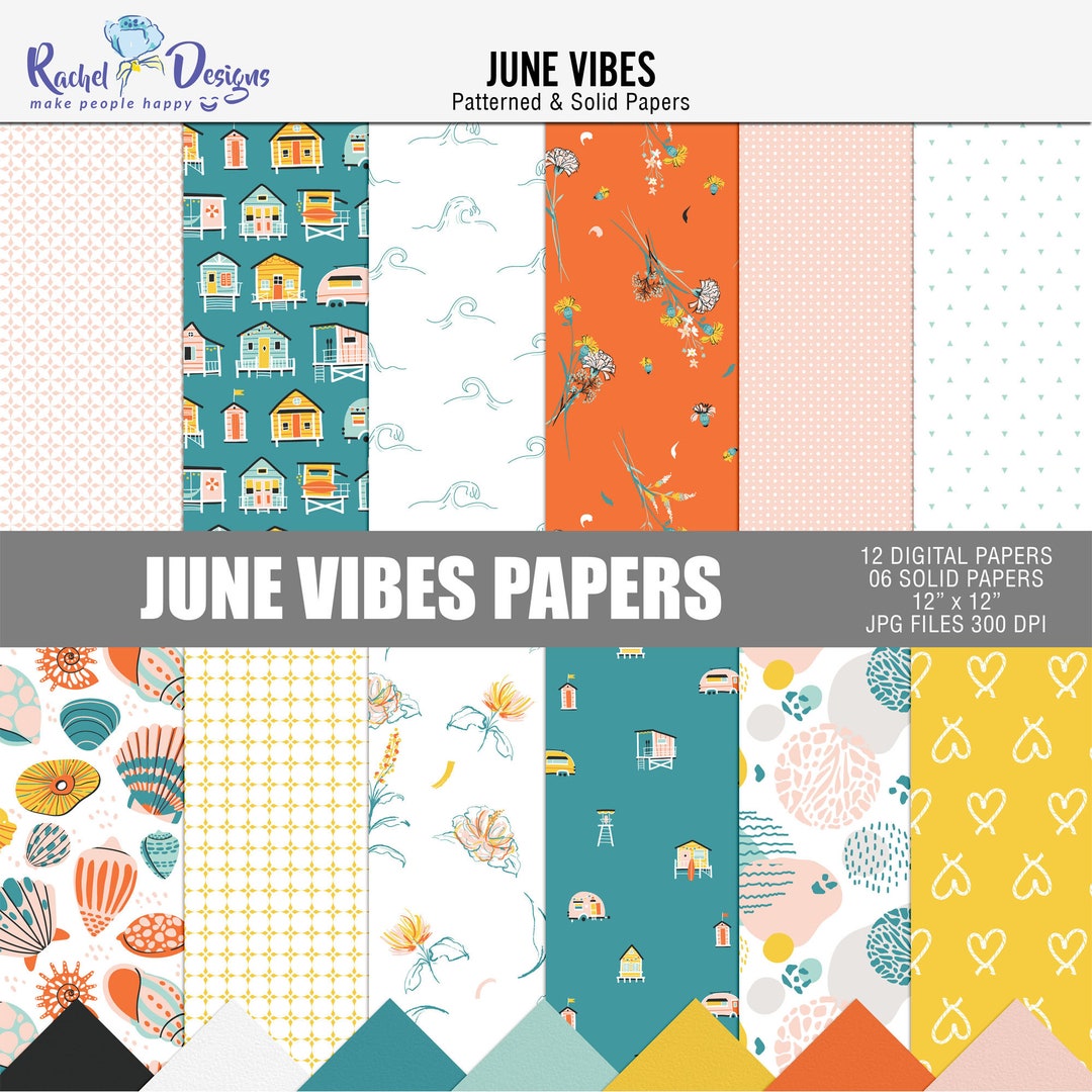 June Vibes Digital Paper Pack, Summer Sea Digital Craft Papers, Digital ...