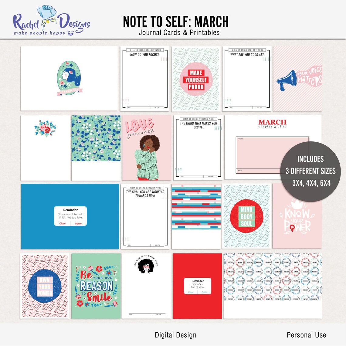 Note to Self March Digital Journal Cards, Printable Digital Pocket ...