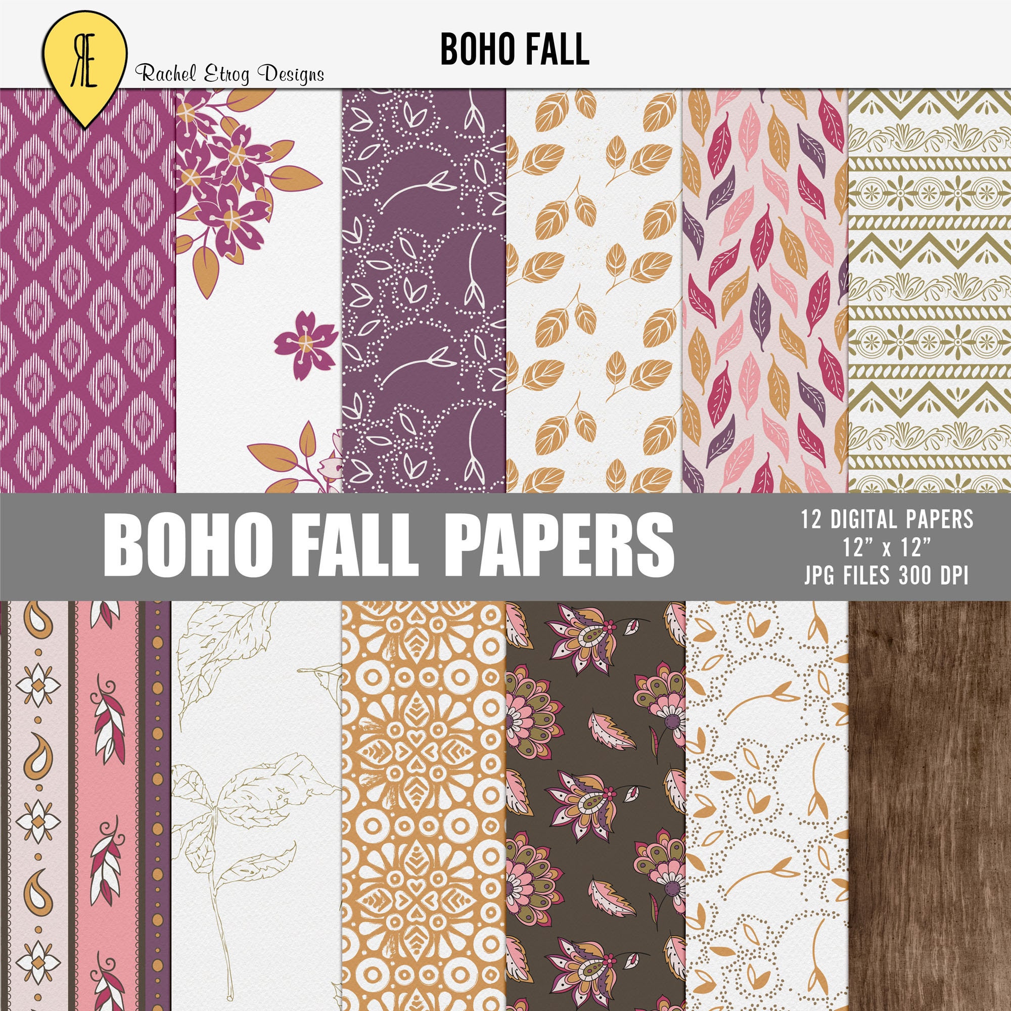 Boho Fall Digital Paper Pack, Printable Autumn Papers, Digital ...