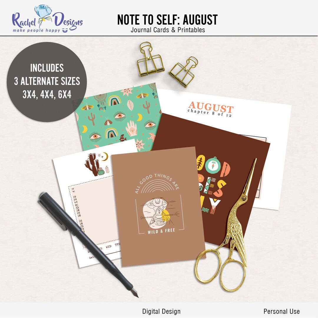 Note to Self August Digital Journal Cards, Printable Digital Pocket ...