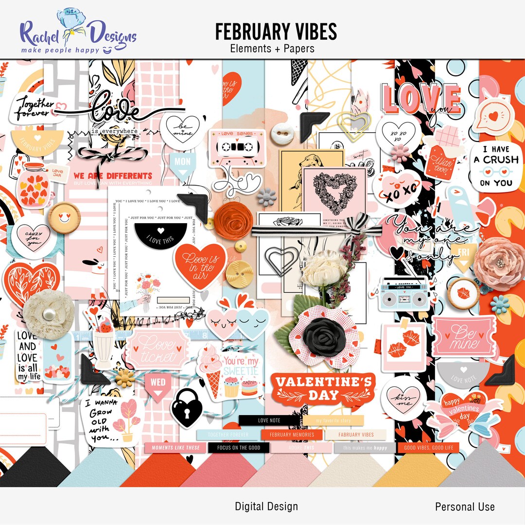 February Vibes Digital Scrapbooking Kit, Abstract Printable Pattern ...