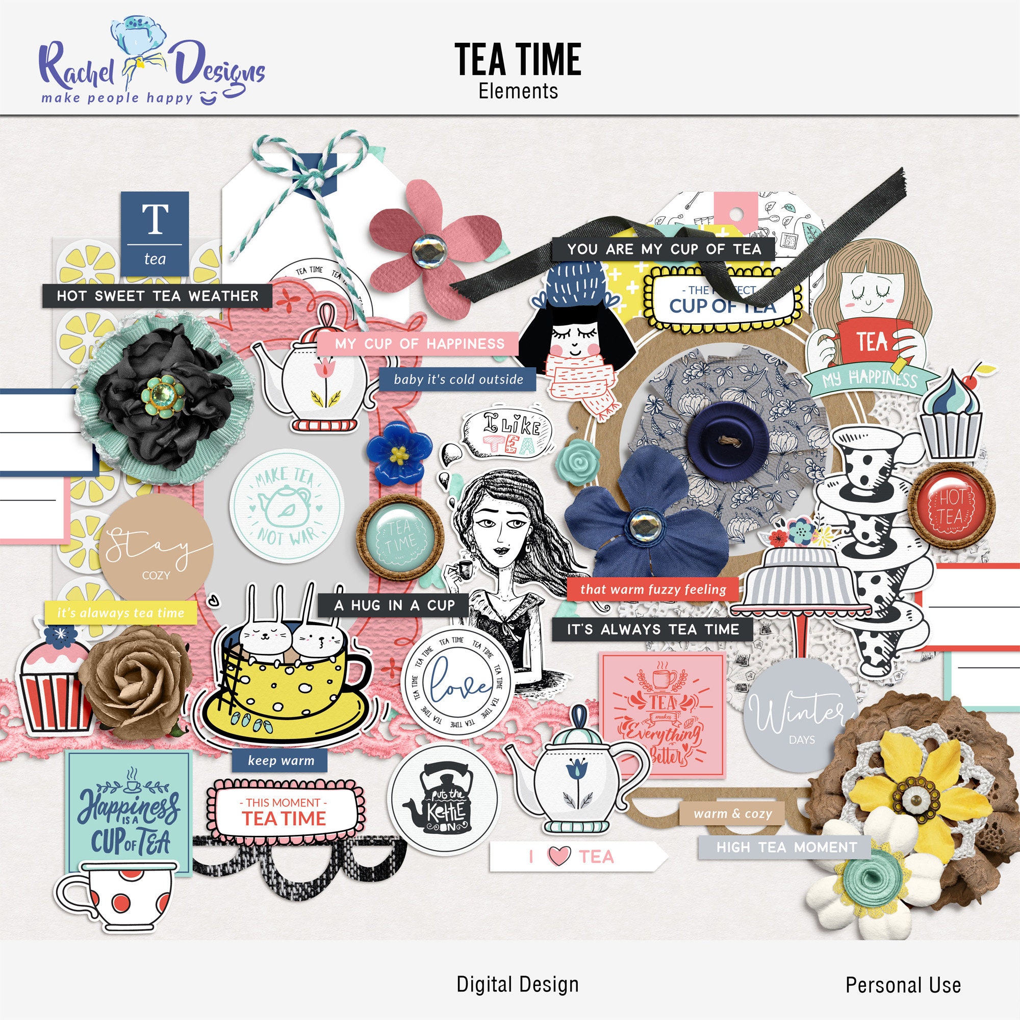 Tea Time Digital Scrapbooking Kit Printable Tea Pattern - Etsy