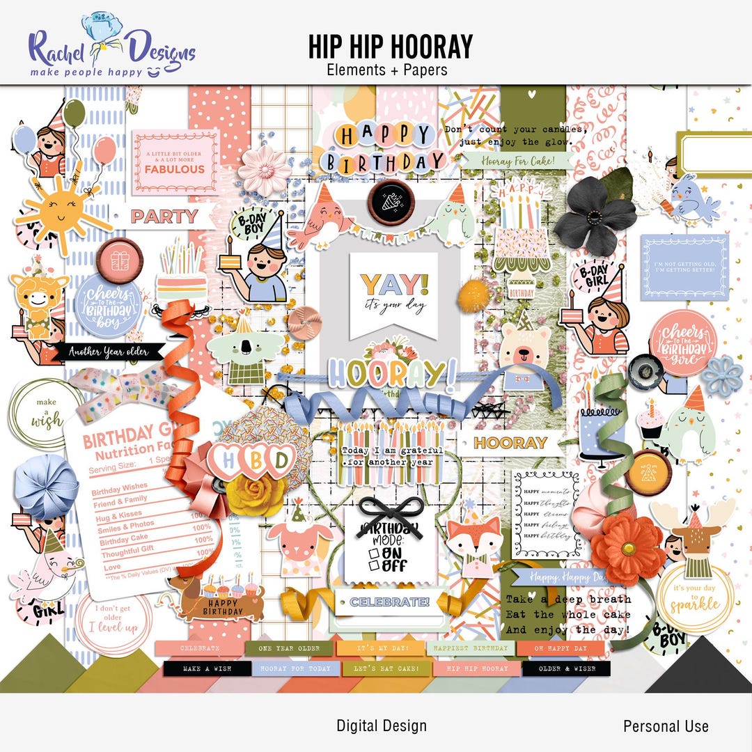 Hip Hip Hooray Birthday Digital Scrapbooking Kit, Birthday Digital ...