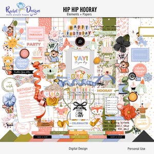 Hip Hip Hooray Birthday Digital Scrapbooking Kit, Birthday Digital ...