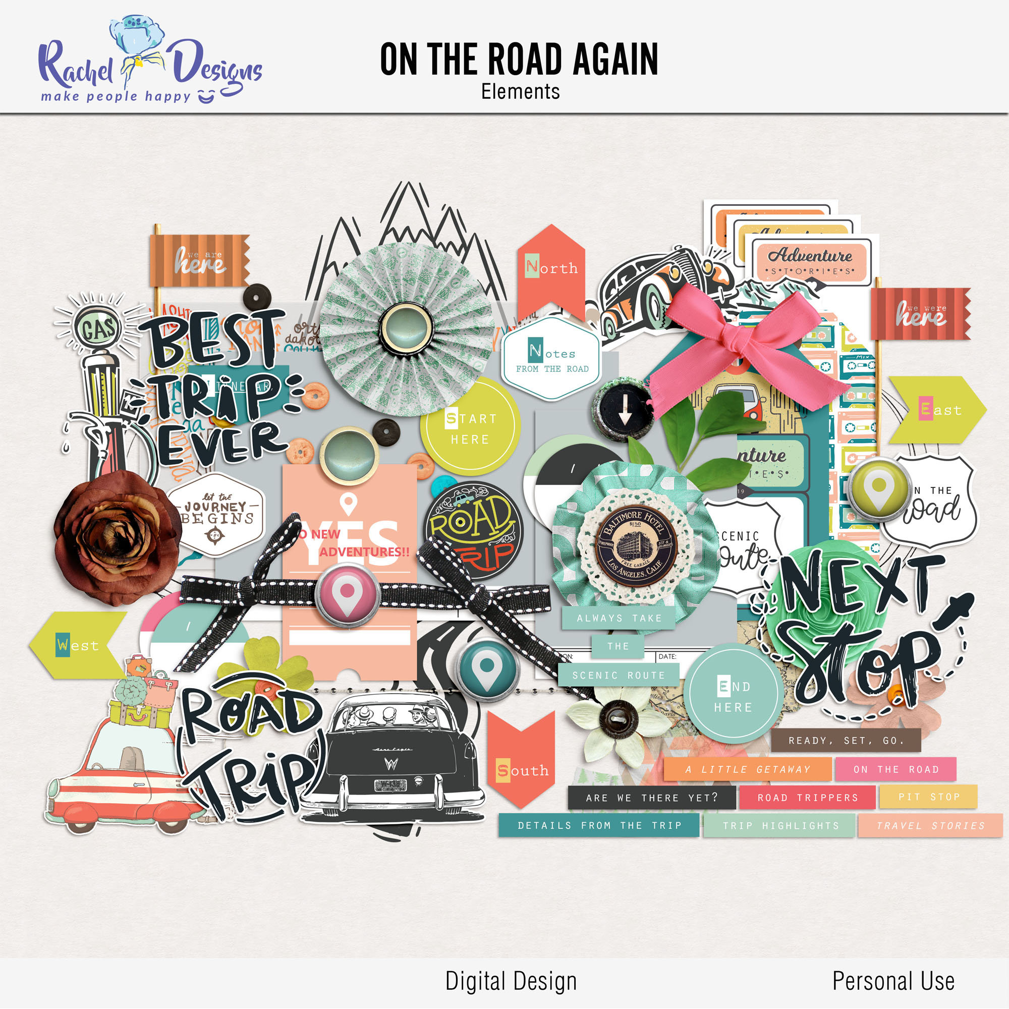On the Road Again Digital Scrapbooking Elements, Road Trip Digital ...