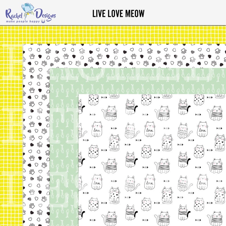 Live Love Meow Digital Paper Pack, Cats Digital Craft Papers, Digital ...