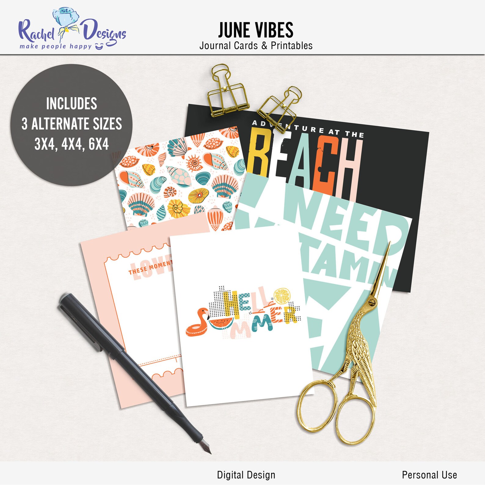 June Vibes Digital Journal Cards, Printable Pocket Cards, Summer ...