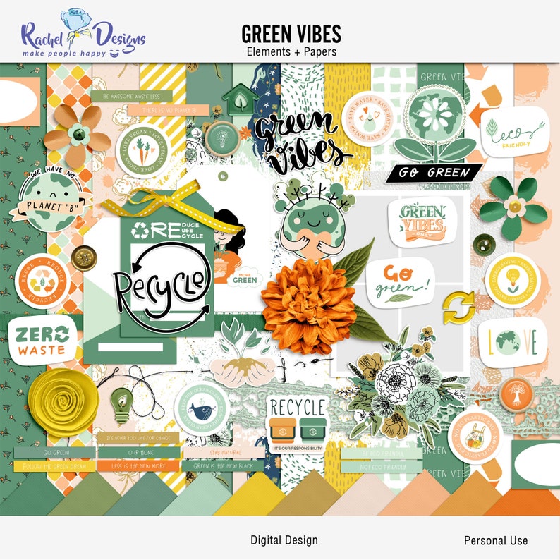 Green Vibes Digital Scrapbook Kit, Digital Ecology Theme Mix Media ...