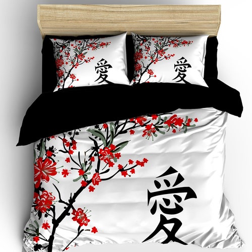 Japanese Floral LOVE Kanji Duvet Coverasian Decorjapanese | Etsy