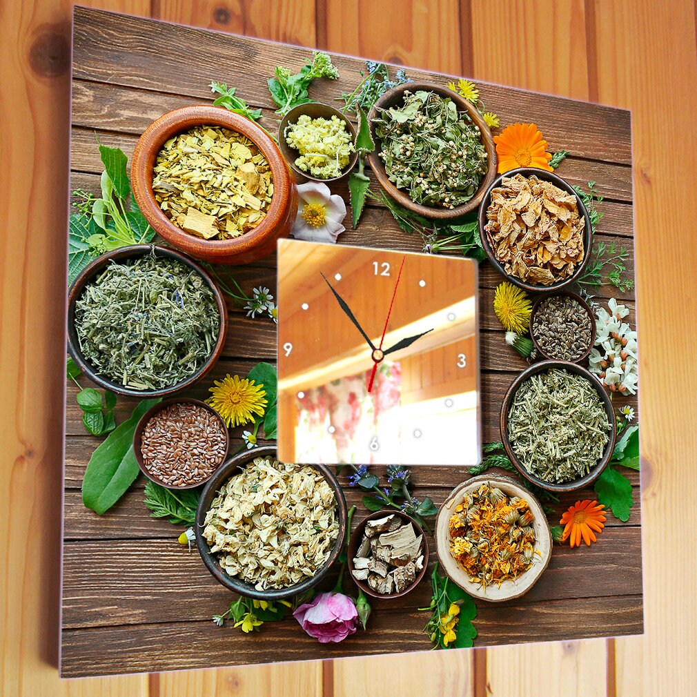 Spices Herbs Flower Wall Clock Framed Mirror Kitchen Food Art Print Cafe Restaurant Bar Design ...
