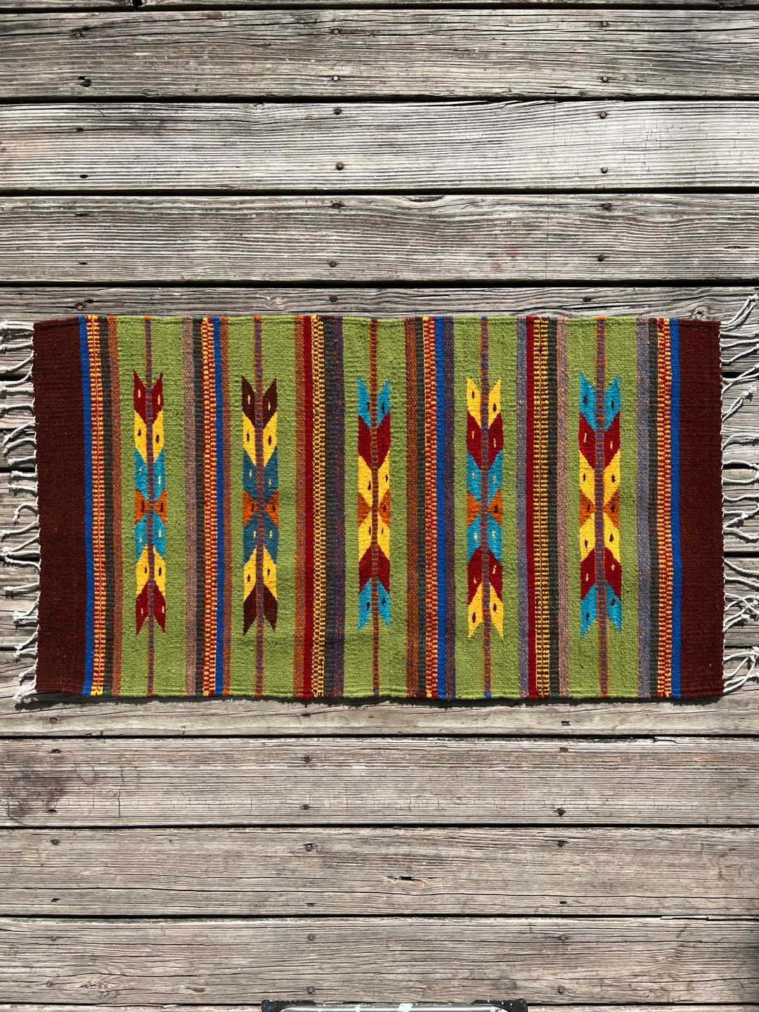 Zapotec Southwest Wool Rug Measuring 42 X 22 Inches Handwoven in Oaxaca ...