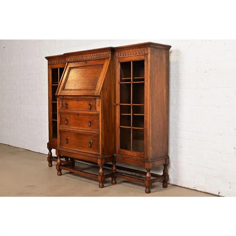 Antique English Jacobean Carved Oak Glass Front Double Bookcase With ...