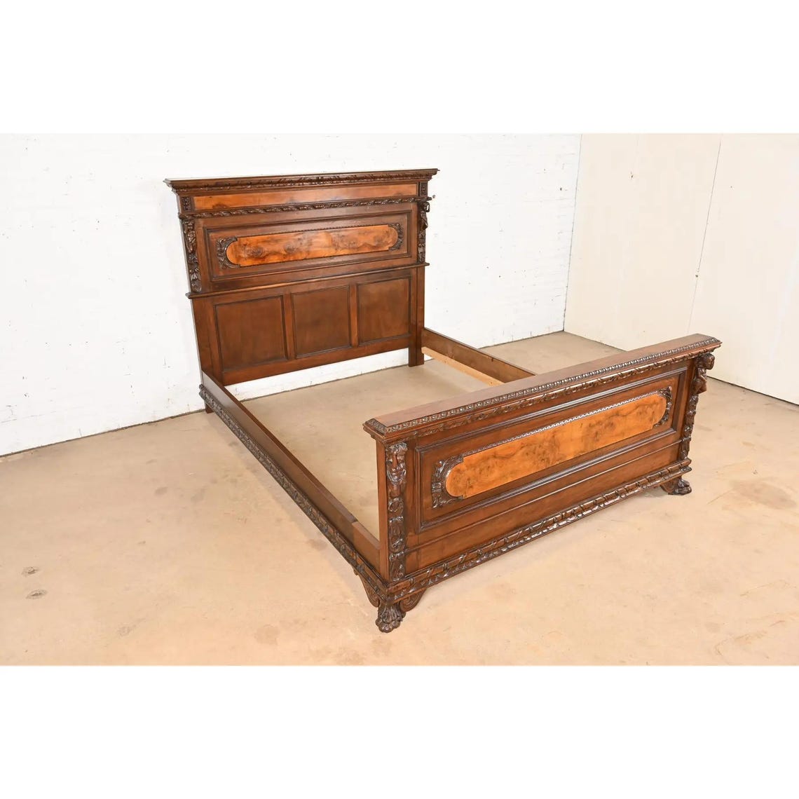 Antique Italian Renaissance Revival Carved Walnut and Burl Wood Queen ...