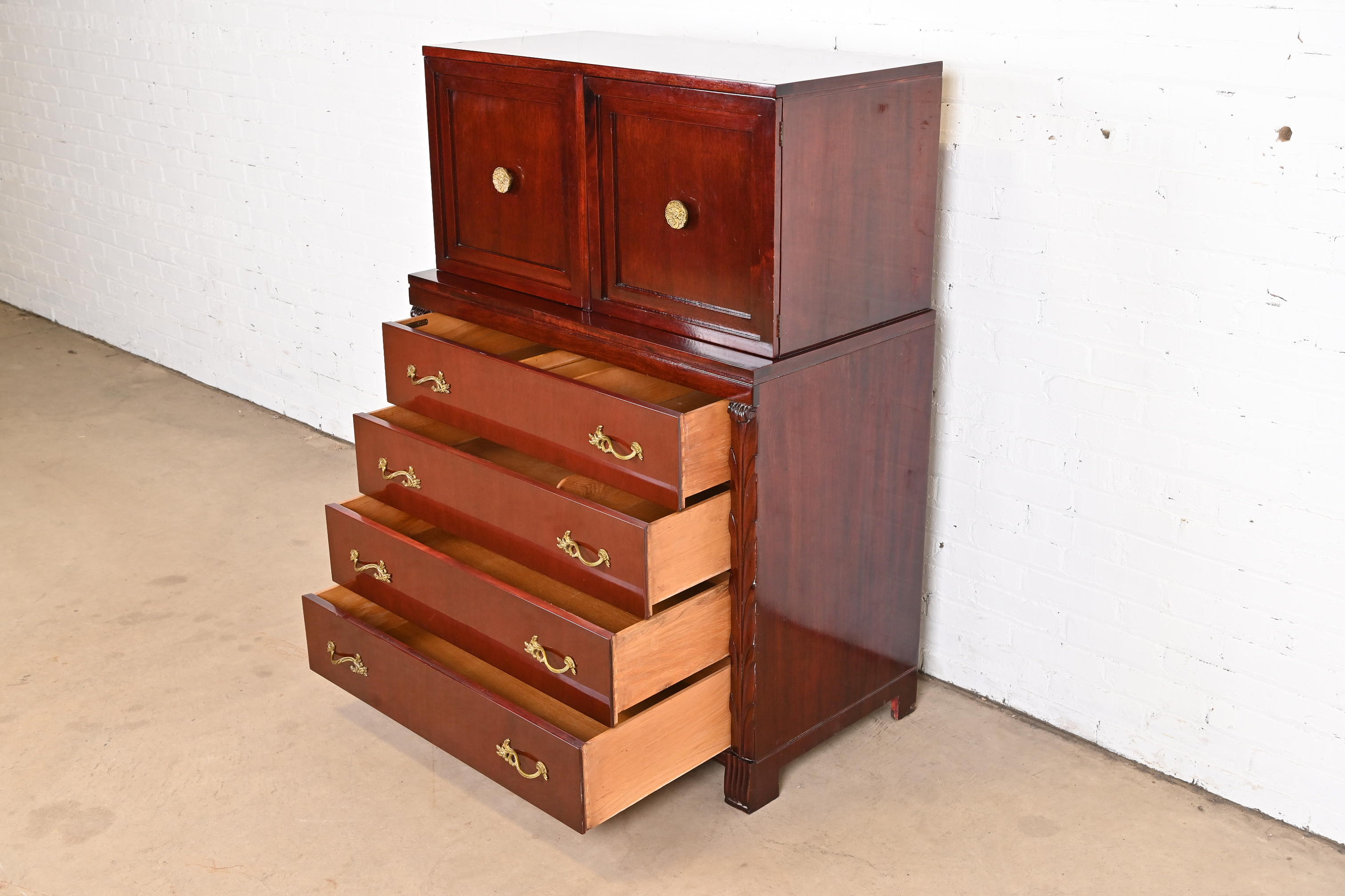 John Stuart French Regency Louis XVI Carved Mahogany Highboy Dresser ...