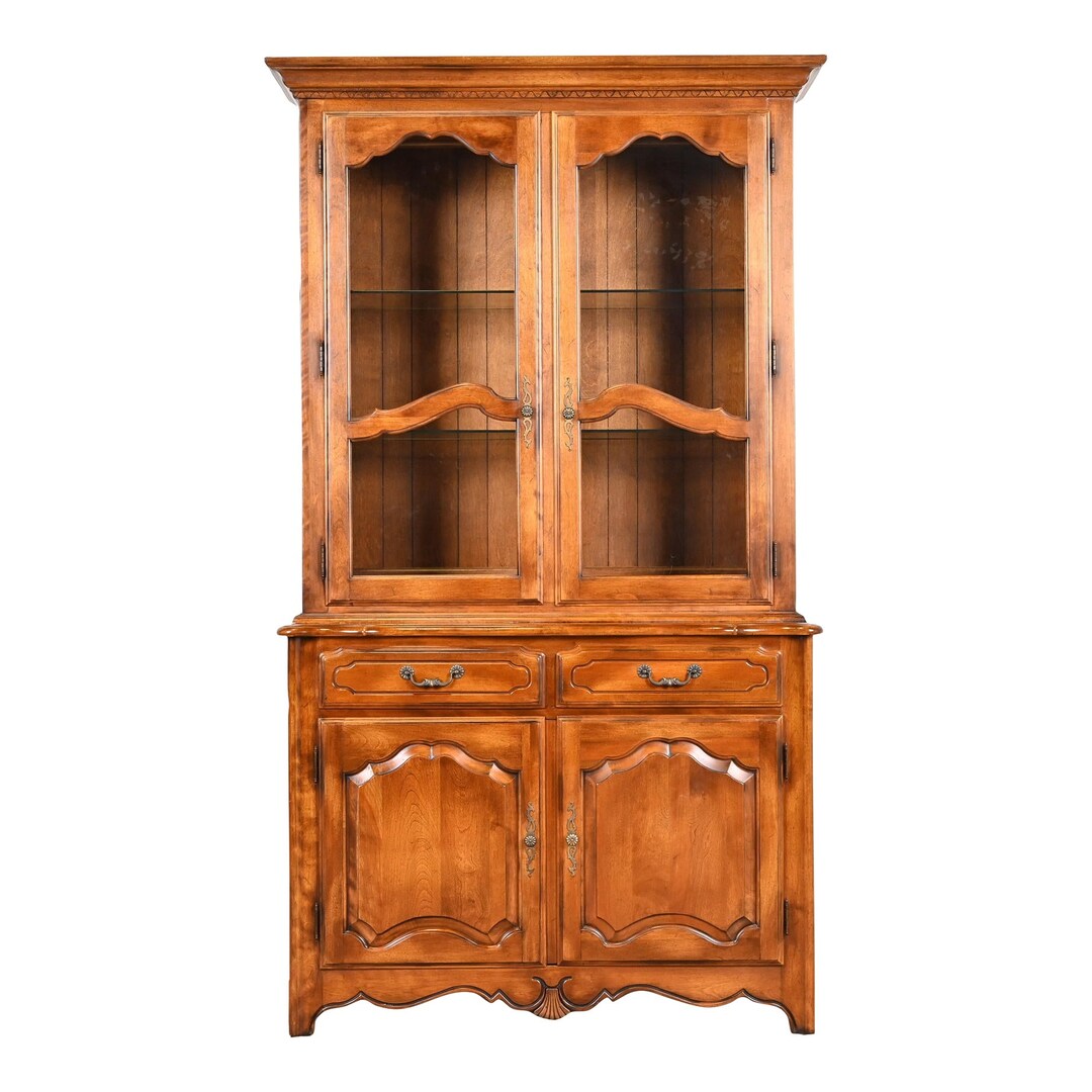 Ethan Allen French Provincial Louis XV Solid Birch Lighted Breakfront ...