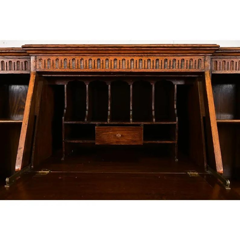 Antique English Jacobean Carved Oak Glass Front Double Bookcase With ...