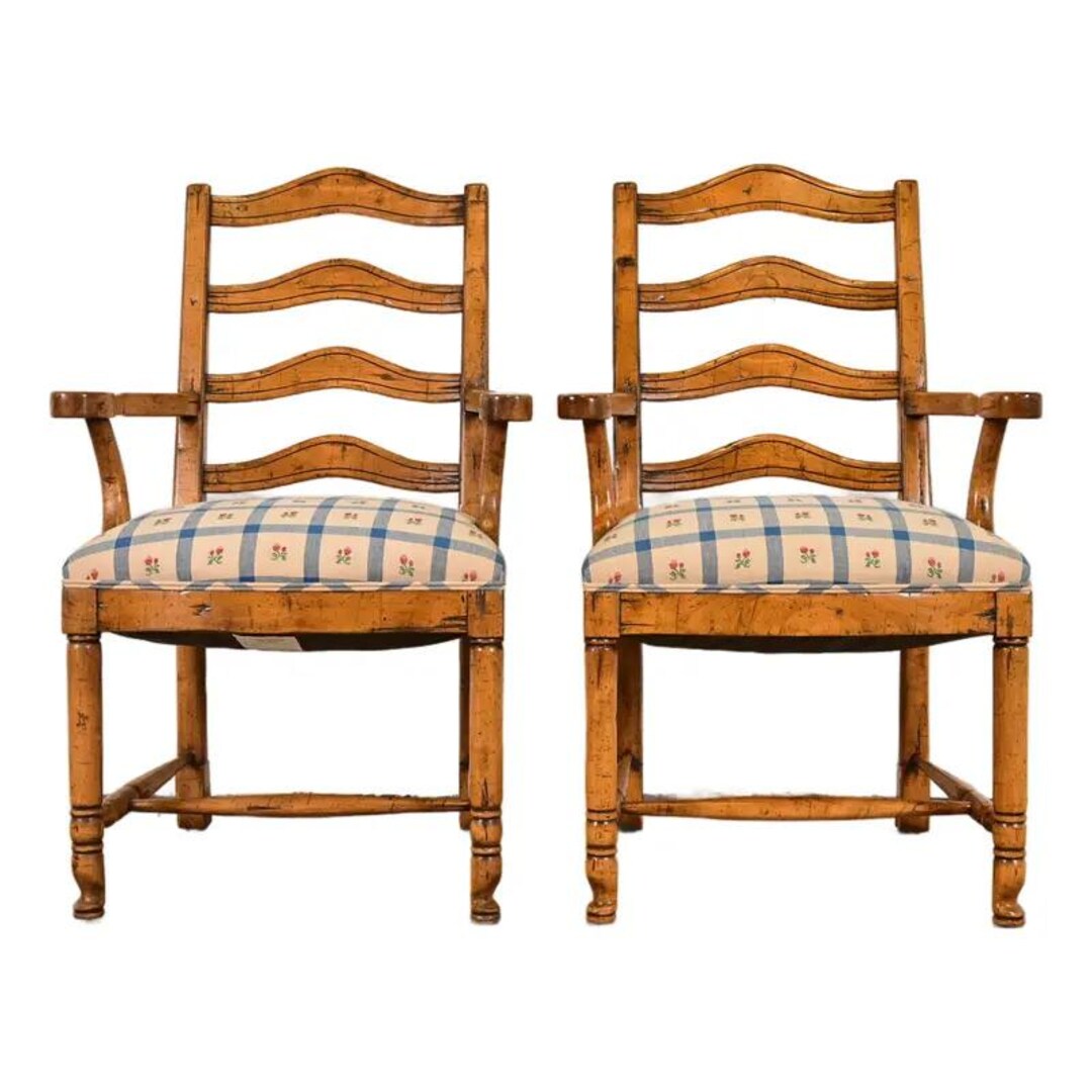 Guy Chaddock English Country Rustic Carved Maple Ladder Back Armchairs ...