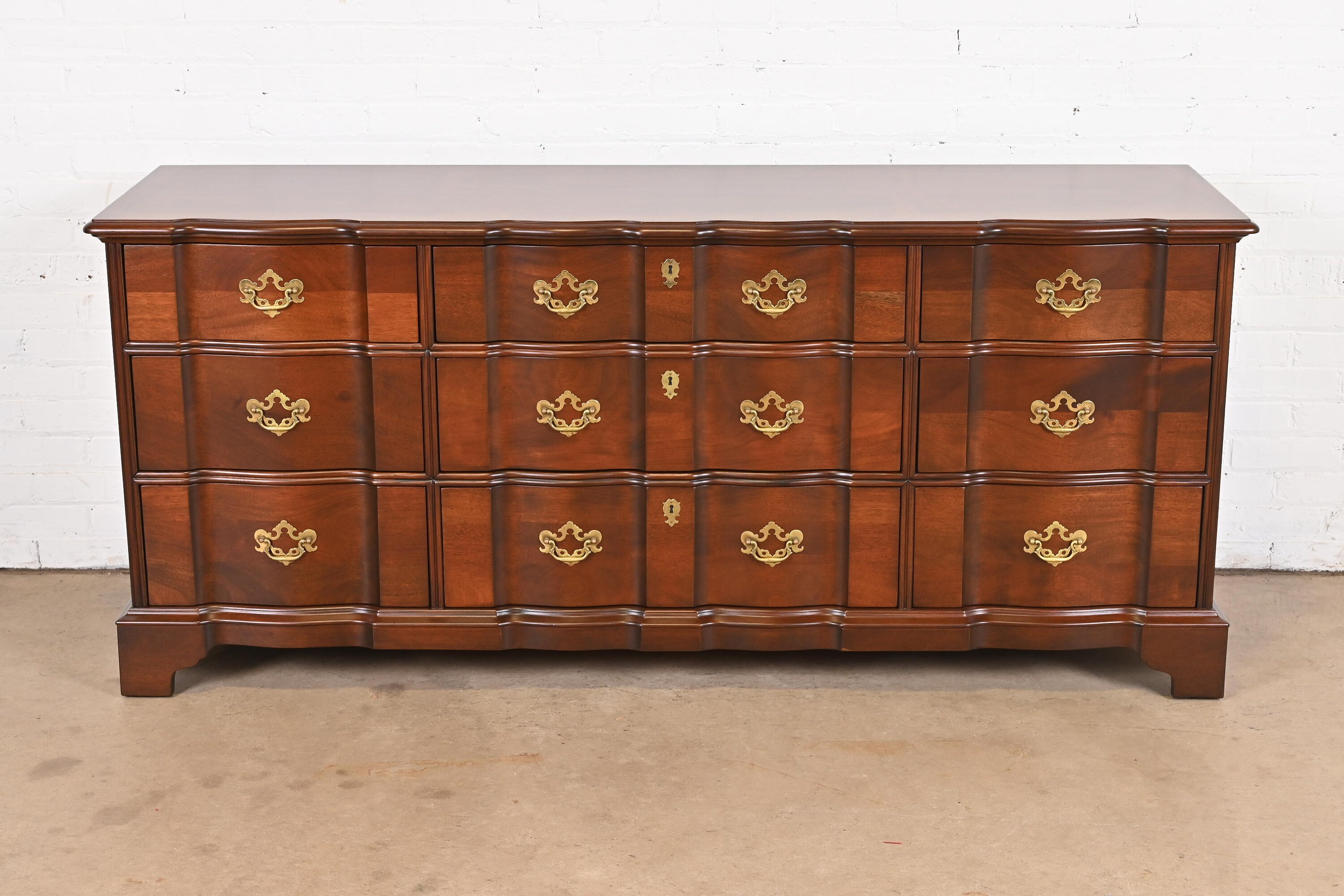 Henredon Georgian Solid Mahogany Block Front Triple Dresser, Newly ...