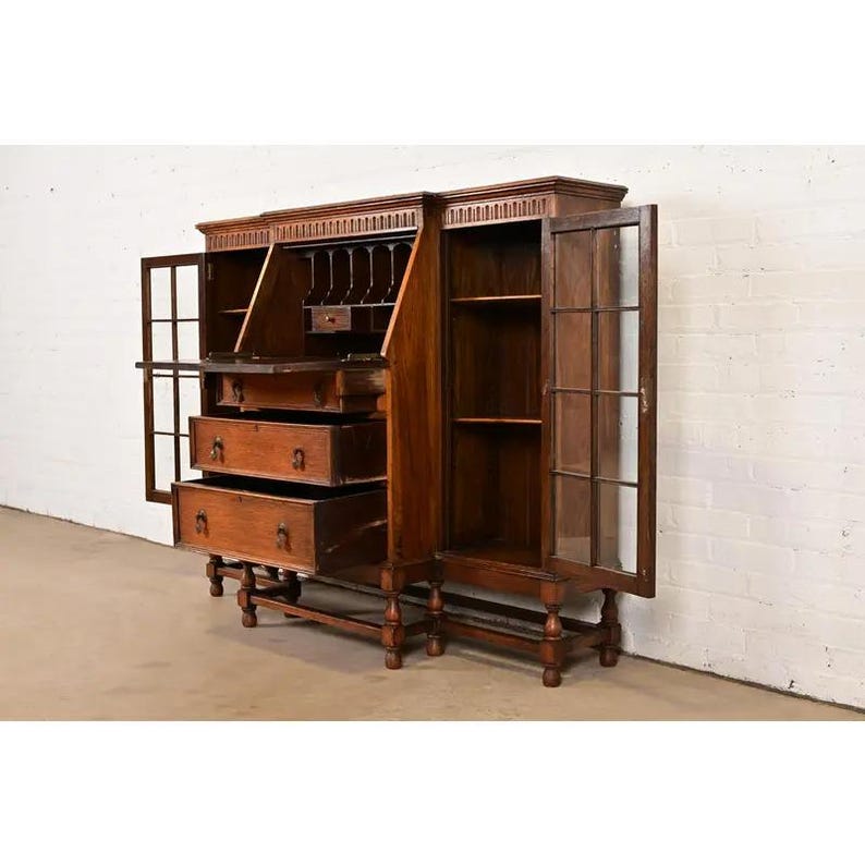 Antique English Jacobean Carved Oak Glass Front Double Bookcase With ...