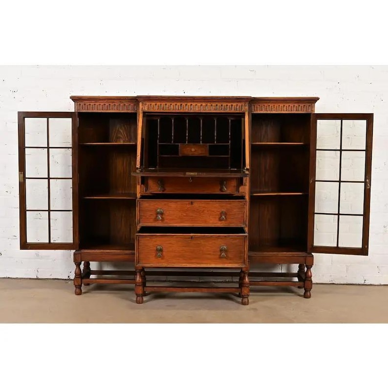 Antique English Jacobean Carved Oak Glass Front Double Bookcase With ...