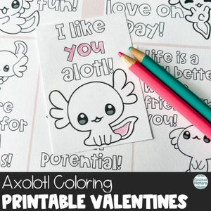 Axolotl Coloring Valentines Cards Printable Cards for Kids, Axolotl ...