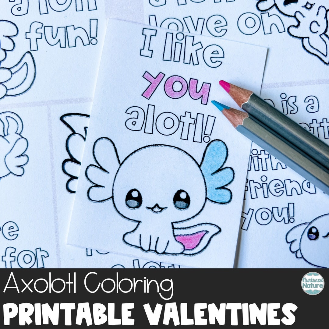 Axolotl Coloring Valentines Cards Printable Cards for Kids - Etsy
