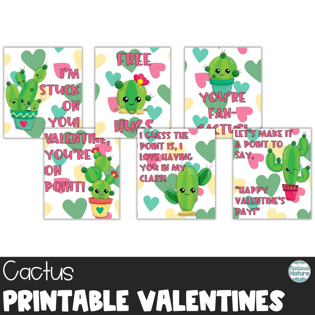 Cactus Valentines Day Cards for Kids Classrooms, Printable Valentine’s ...