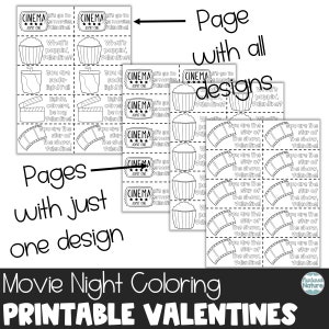 Movie Night Coloring Valentines Cards, Printable Coloring Sheets for ...