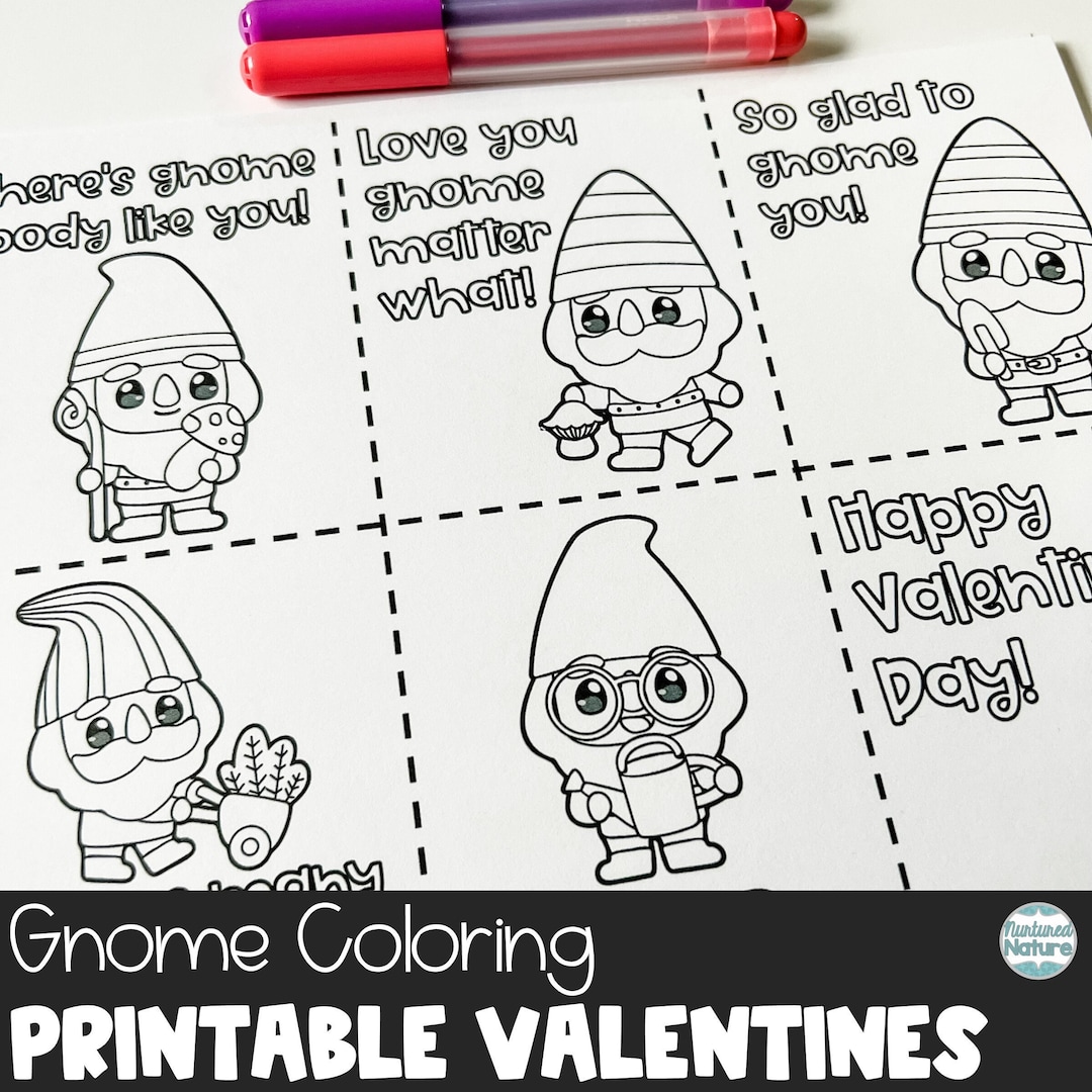 Gnome Coloring Page Valentine Cards for Kids Classroom, Mushroom ...