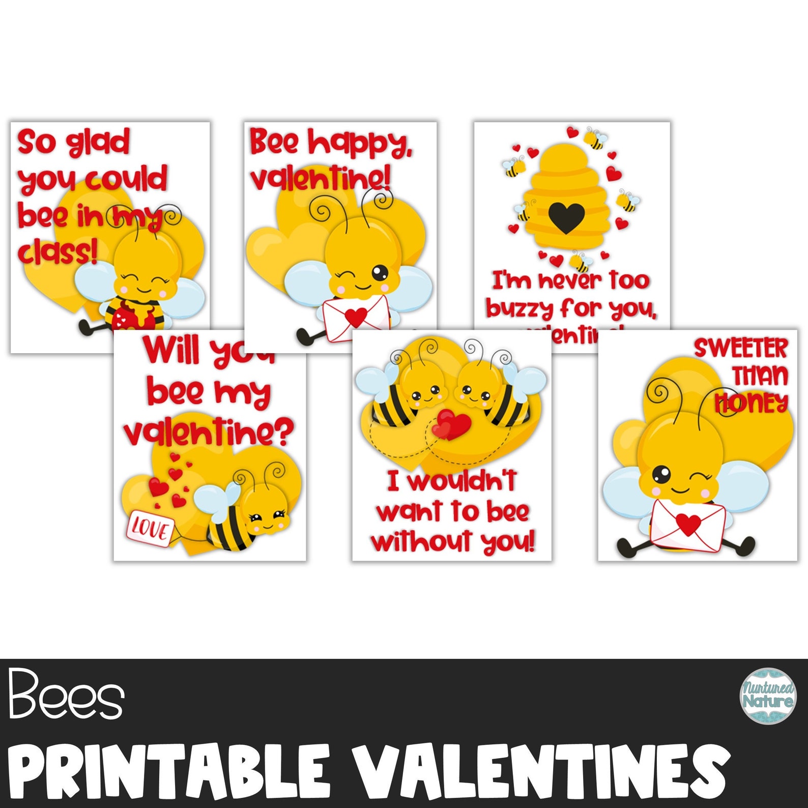 Bee Valentine Cards for Kids Classroom, Printable Valentines Day Card ...