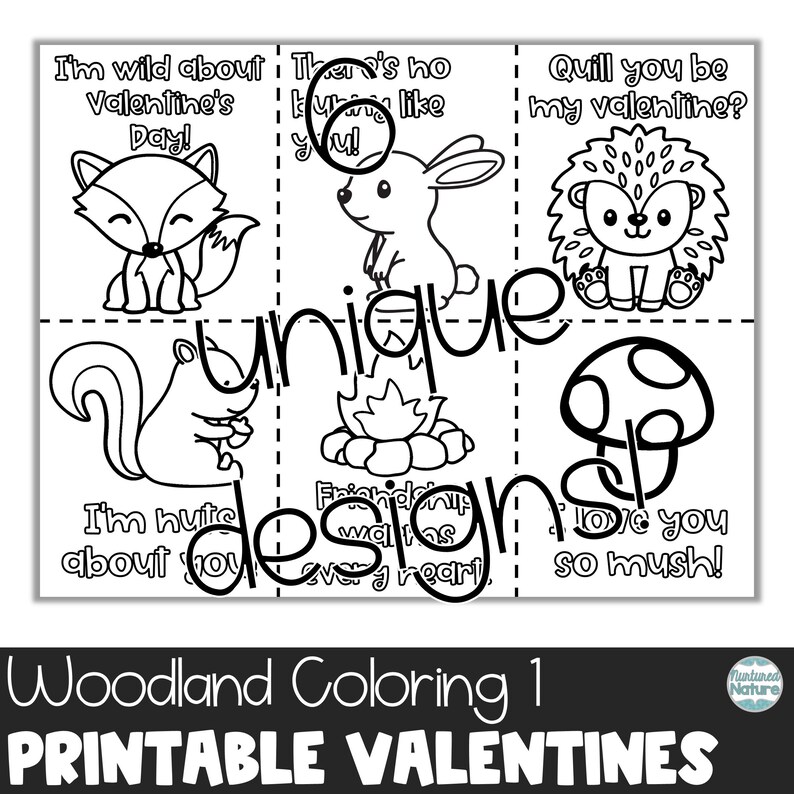 Woodland Animals Coloring Page Valentine Cards for Kids - Etsy