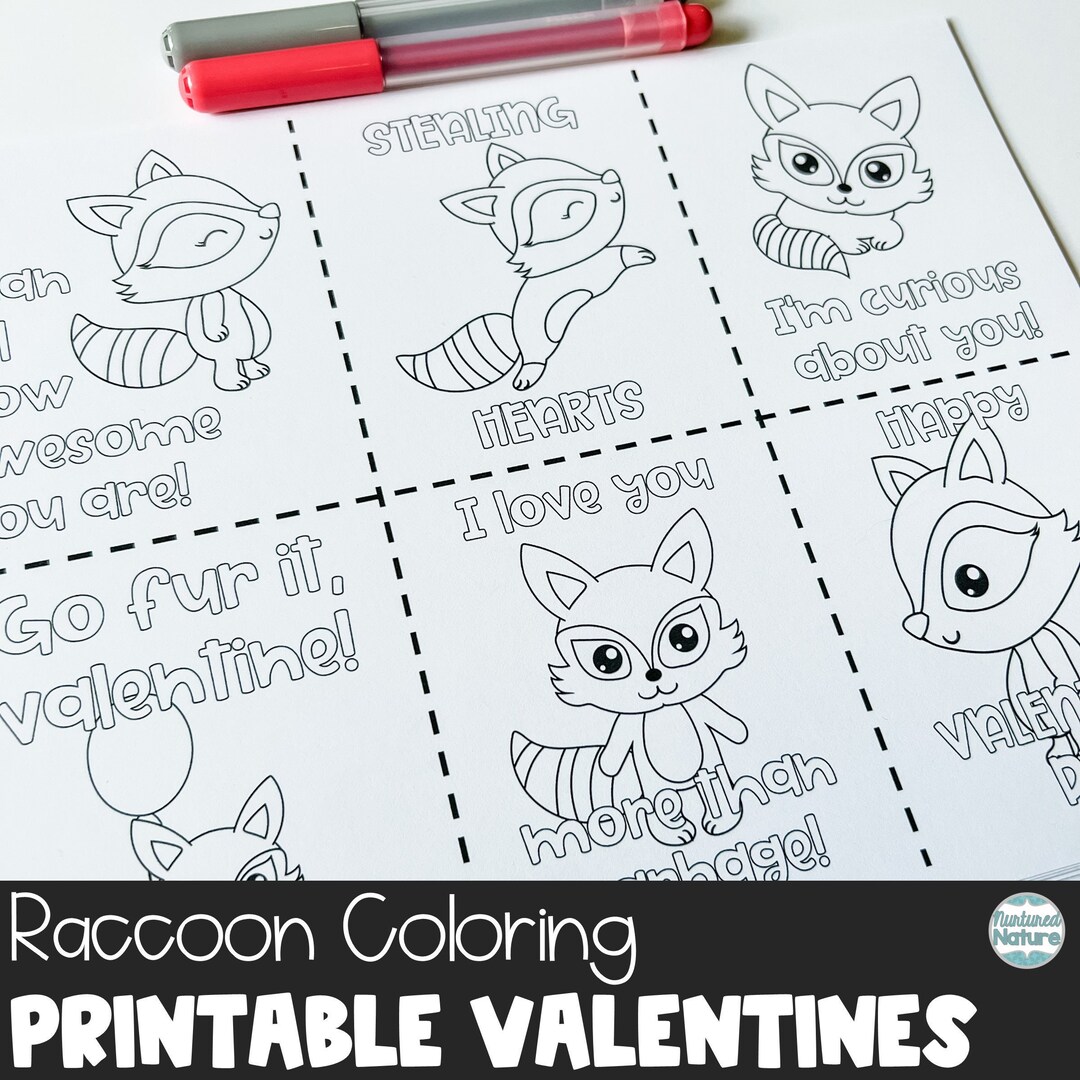 Raccoon Coloring Page Valentine Cards for Kids Classroom, Raccoon ...