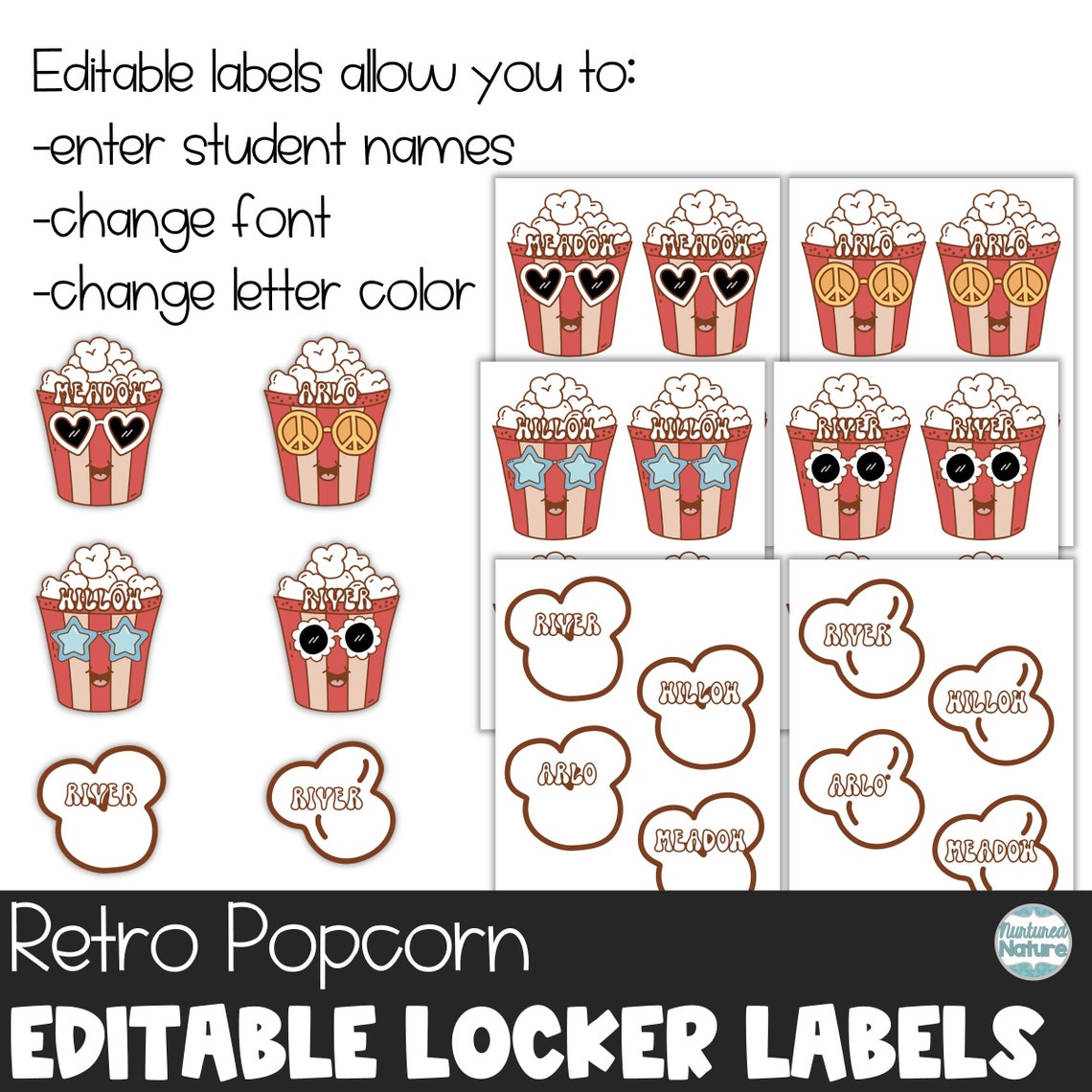 Editable Name Tags for School, Retro Popcorn, Cubby Tags, Editable ...