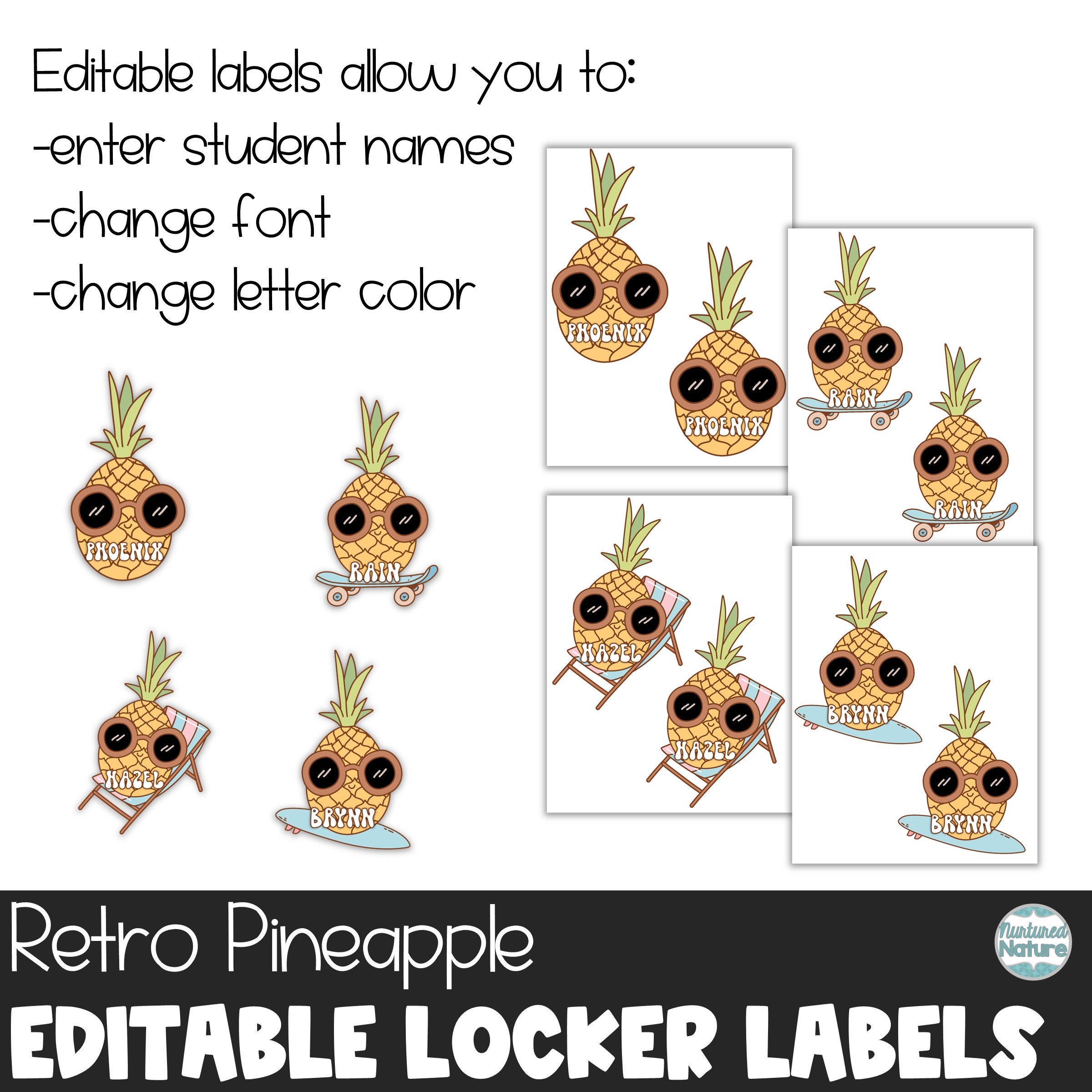 Editable Name Tags for School, Retro Pineapple, Cubby Tag, Editable ...