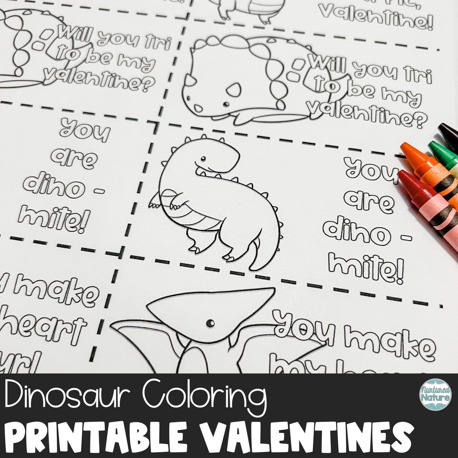 Dinosaur Coloring Valentines Cards Printable Cards for Kids - Etsy