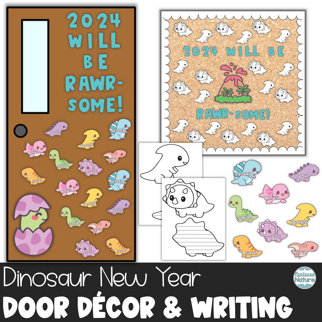 New Year Classroom Door Decoration, Dinosaur Printable, 2024 New Years ...