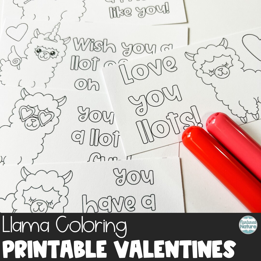 Llama Coloring Page Valentine Cards for Kids Classroom, Valentines Day ...