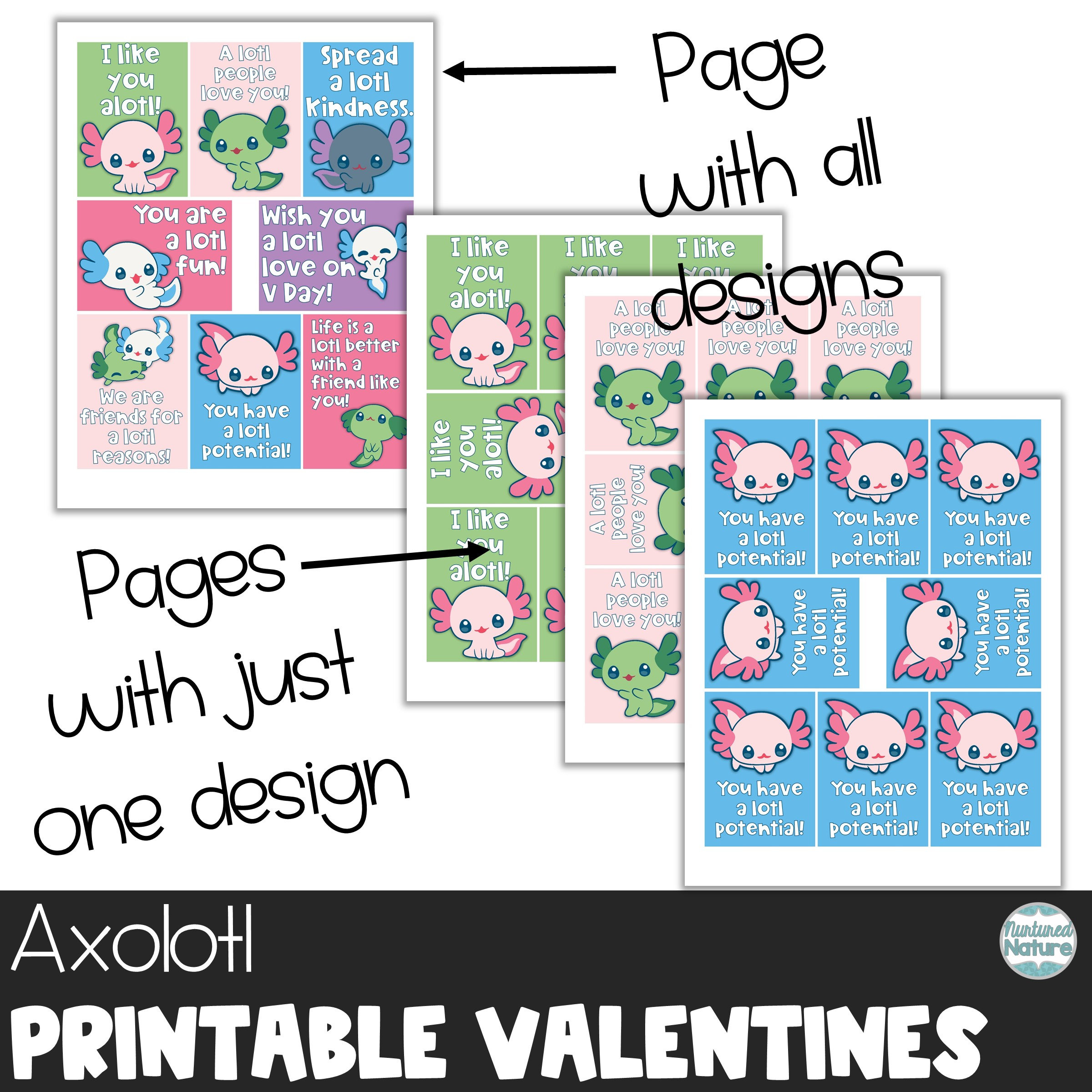 Axolotl Valentines Day Printable Cards for Kids | Etsy