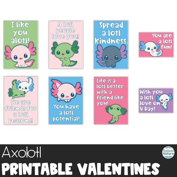 Axolotl Valentines Day Printable Cards for Kids | Etsy