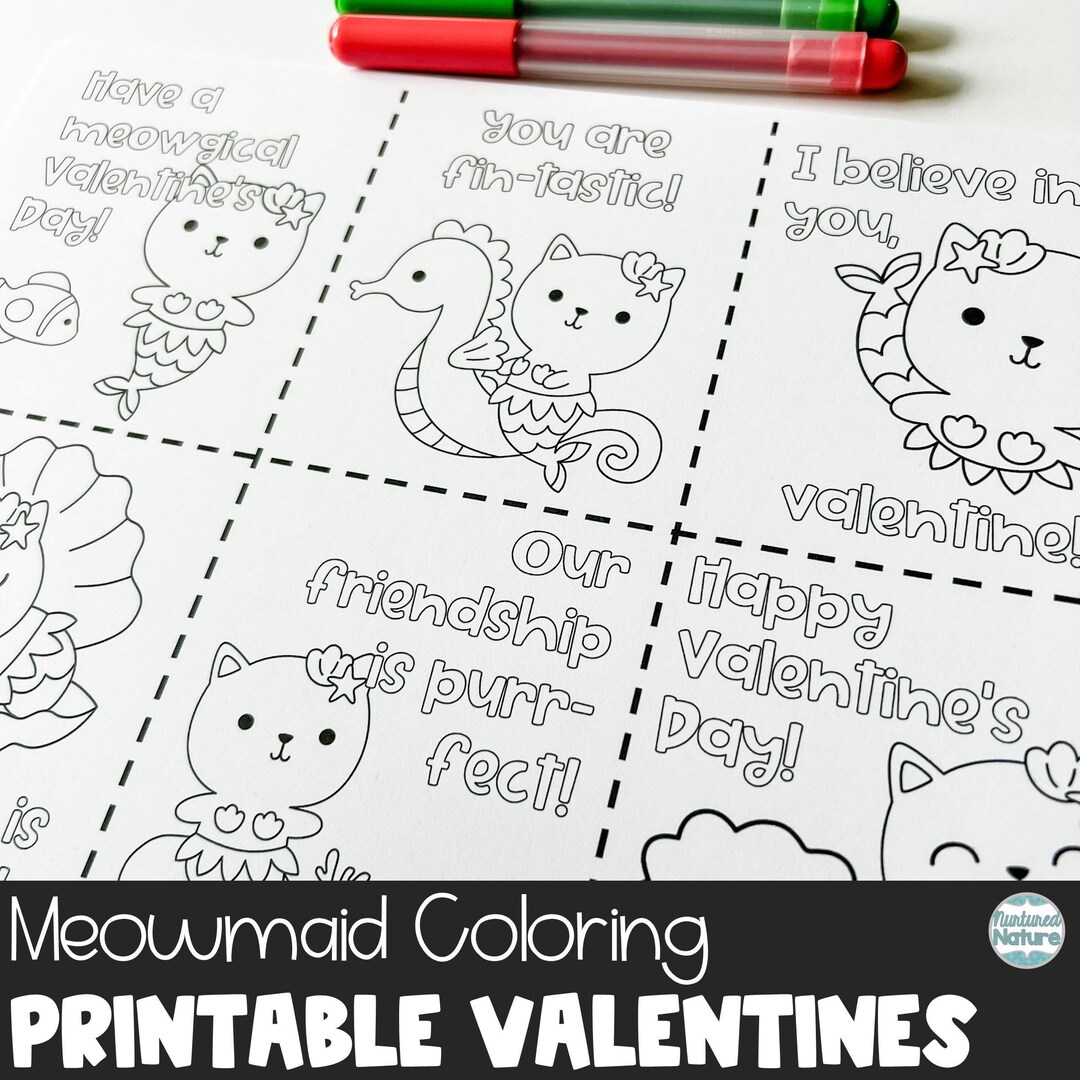 Mermaid Coloring Page Valentine Cards for Kids Classroom, Cat ...