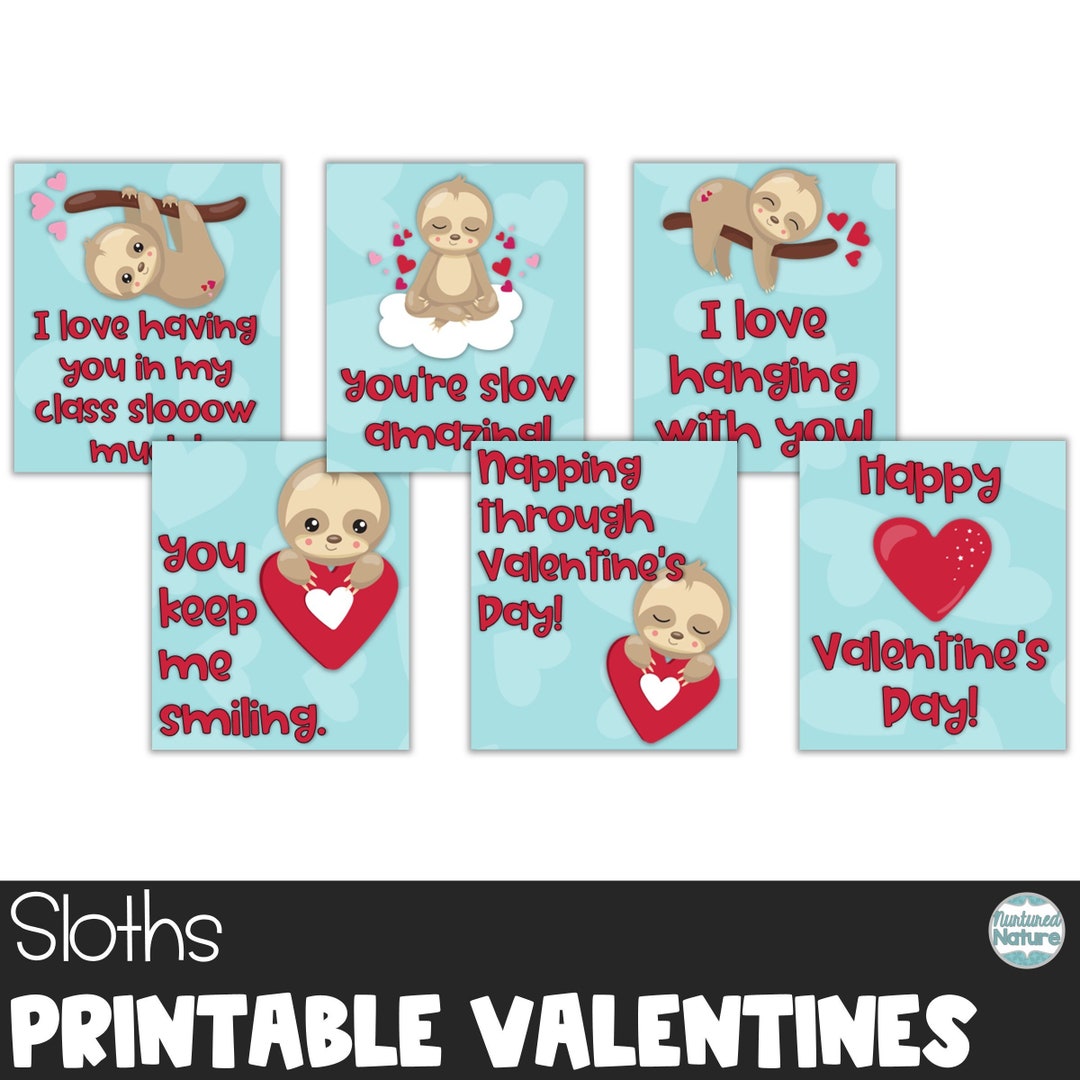 Sloth Valentine Cards for Kids, Printable Valentines Day Card for ...
