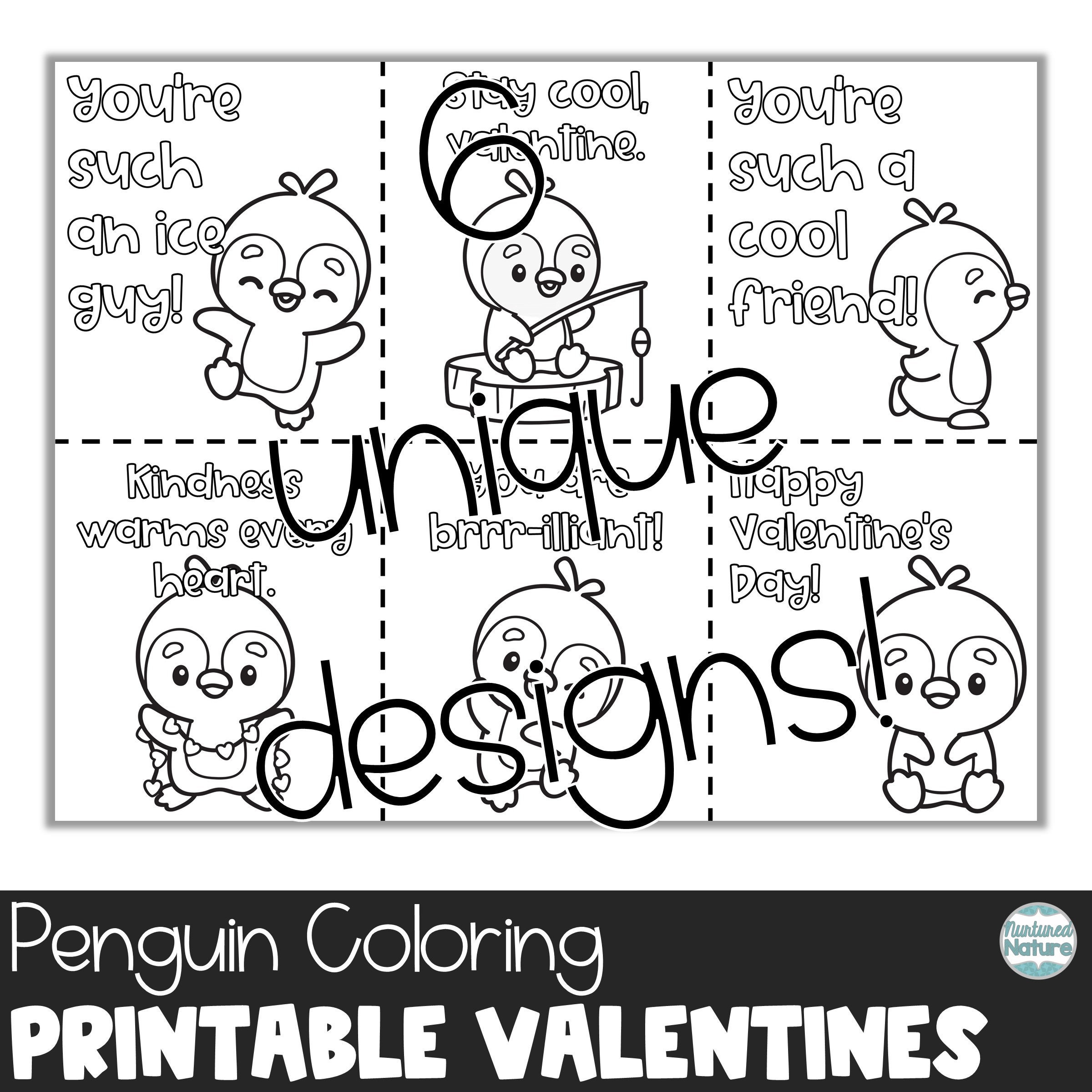 Penguin Coloring Page Valentine Cards for Kids Classroom, Penguin ...