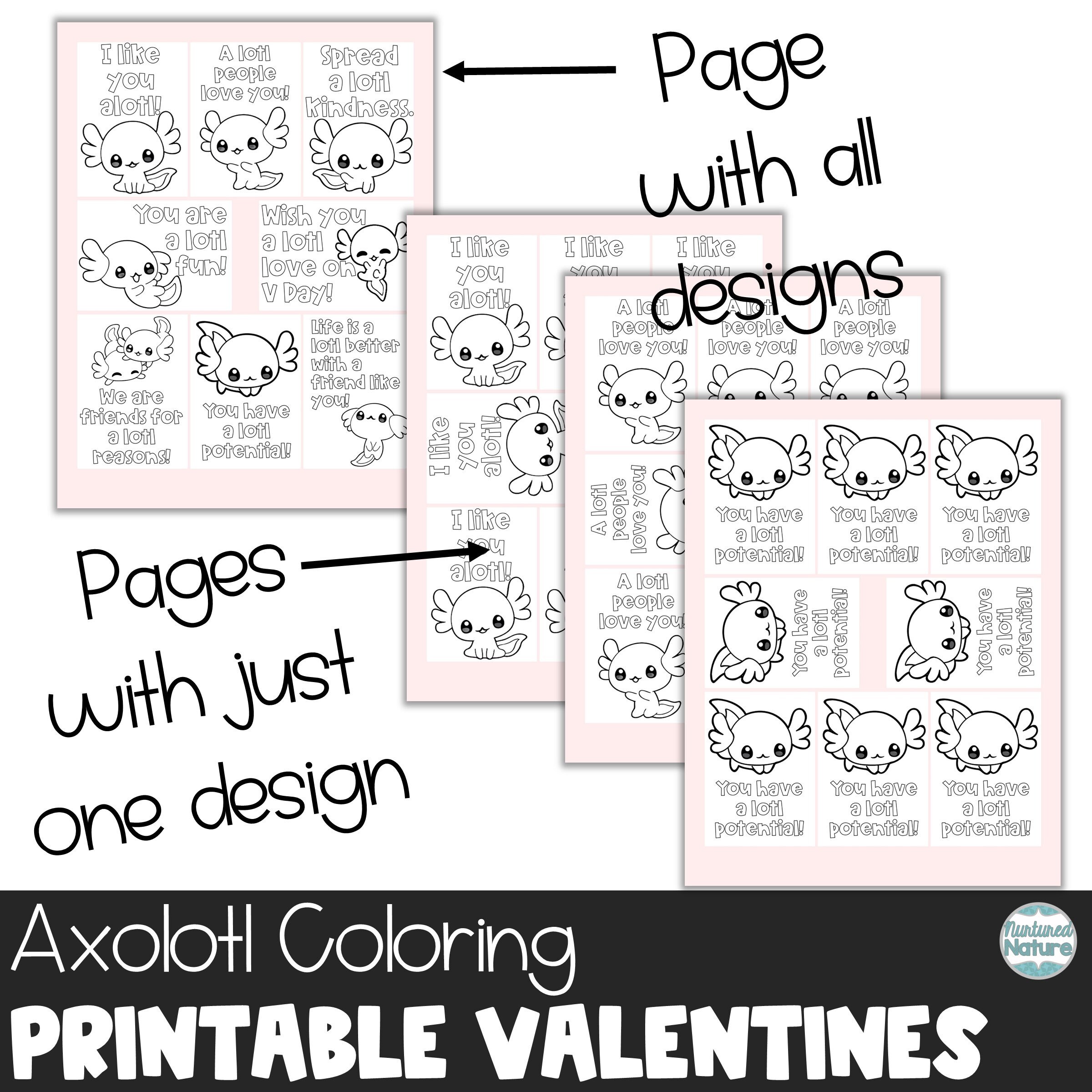 Axolotl Coloring Valentines Cards Printable Cards for Kids - Etsy