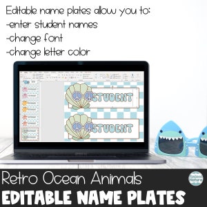 Retro Ocean Animal Name Tags for School, Name Plate for Desk, Editable ...