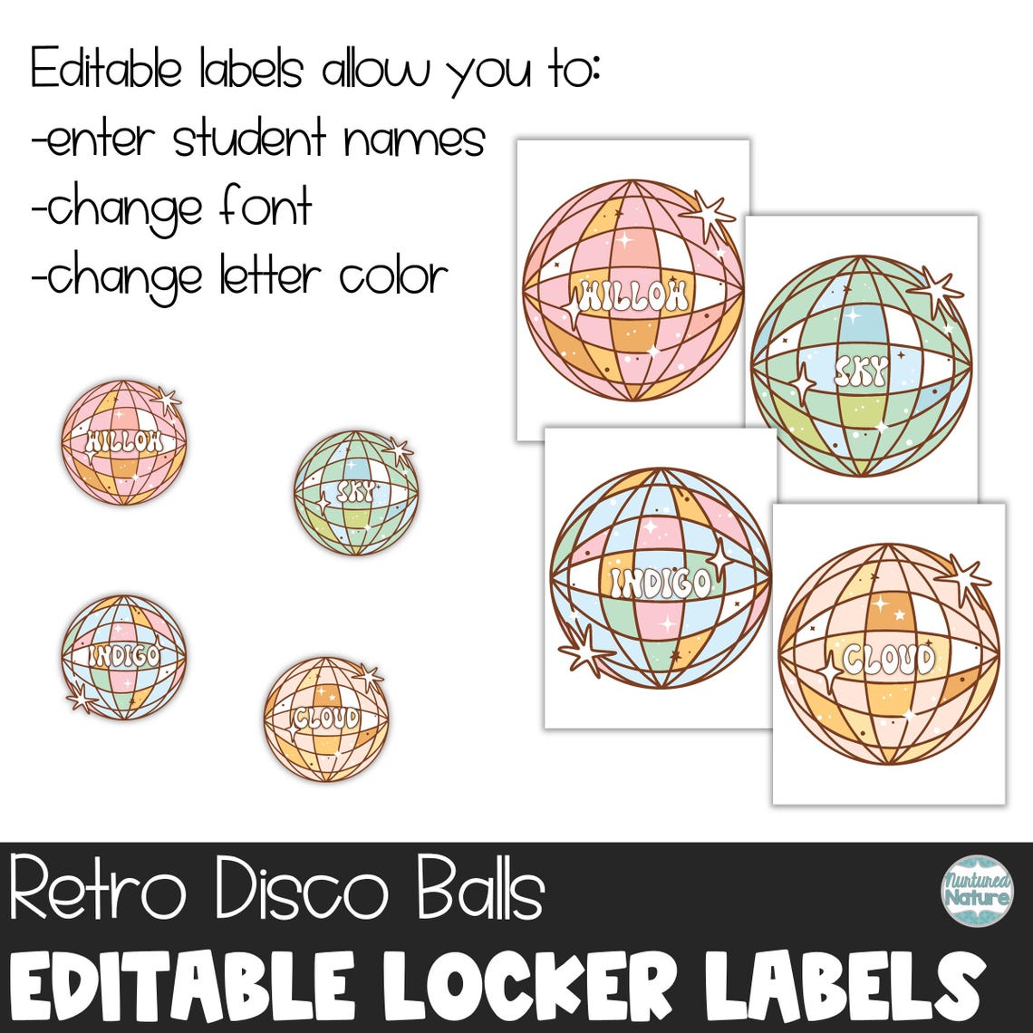 Editable Name Tags for School, Retro Disco Ball, Cubby Tags, Locker ...